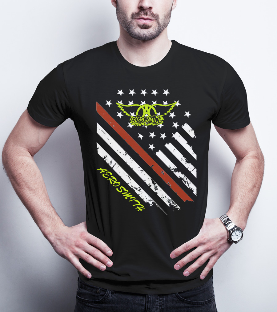 Aerosmith Logo With American Flag And Guitar Stripe T-Shirt