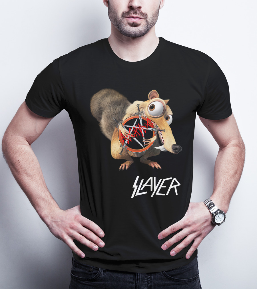 Scrat Holding Slayer Logo Pentagram Slayer T-Shirt
