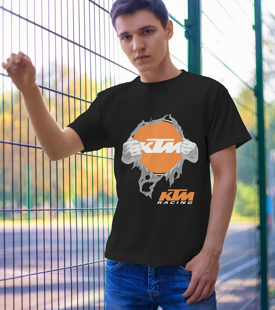 Ktm Racing Logo With Hands Ripping Through Orange T-Shirt