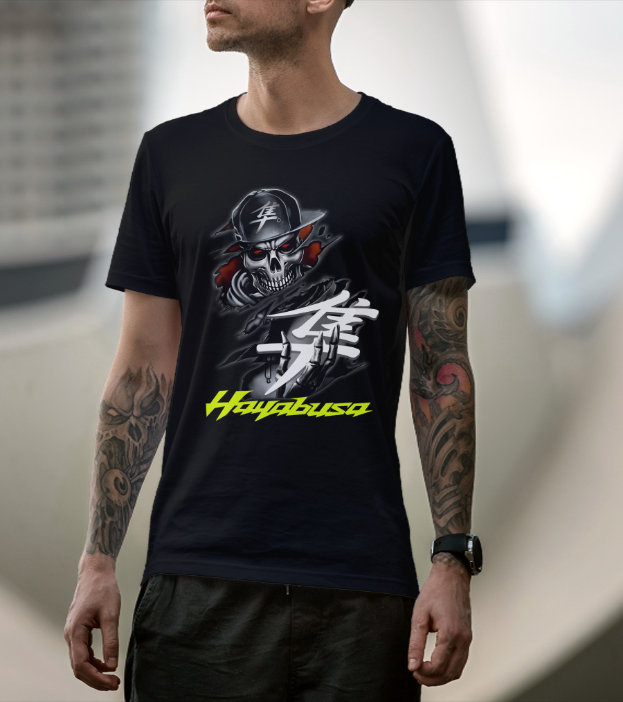 Hayabusa Skeleton In Cap With Kanji Symbol And Claws T-Shirt