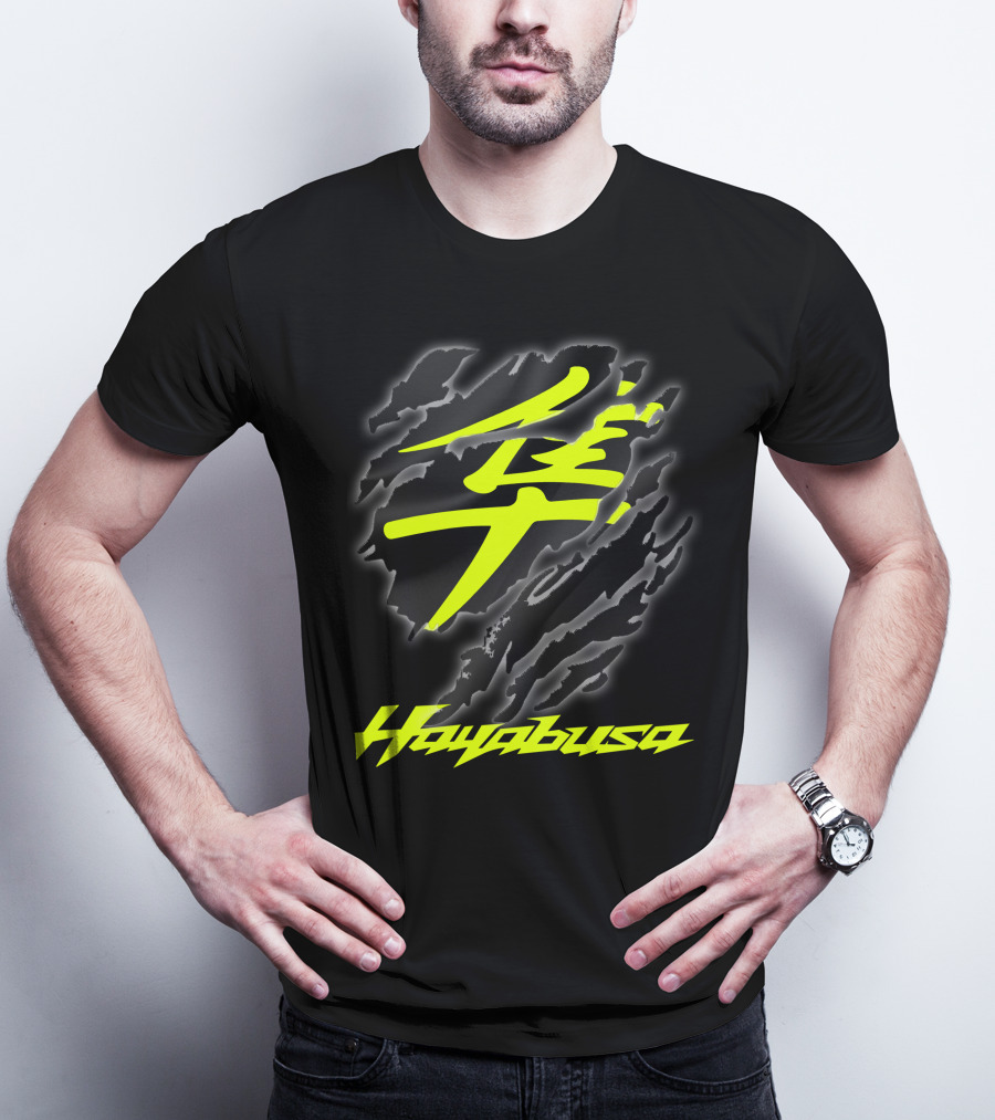 Hayabusa 07 Yellow Kanji Torn Black T-Shirt