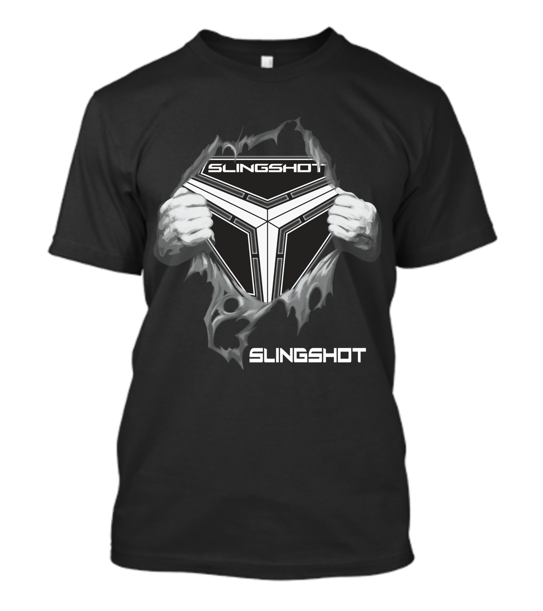 Slingshot Emblem With Hands Pulling Away Black T-Shirt
