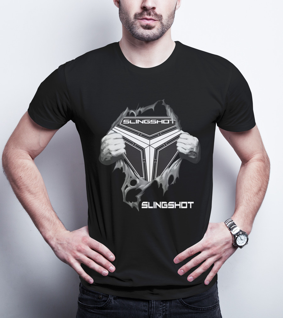 Slingshot Emblem With Hands Pulling Away Black T-Shirt