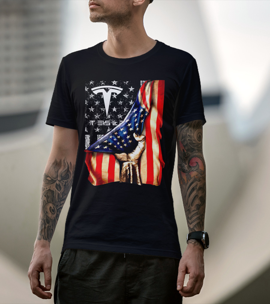 Tesla Logo American Flag Hand Folded Stars Stripes Vintage Style T-Shirt