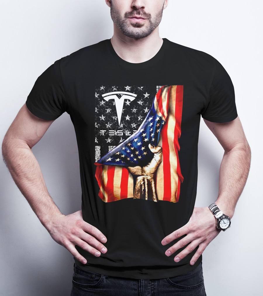 Tesla Logo American Flag Hand Folded Stars Stripes Vintage Style T-Shirt