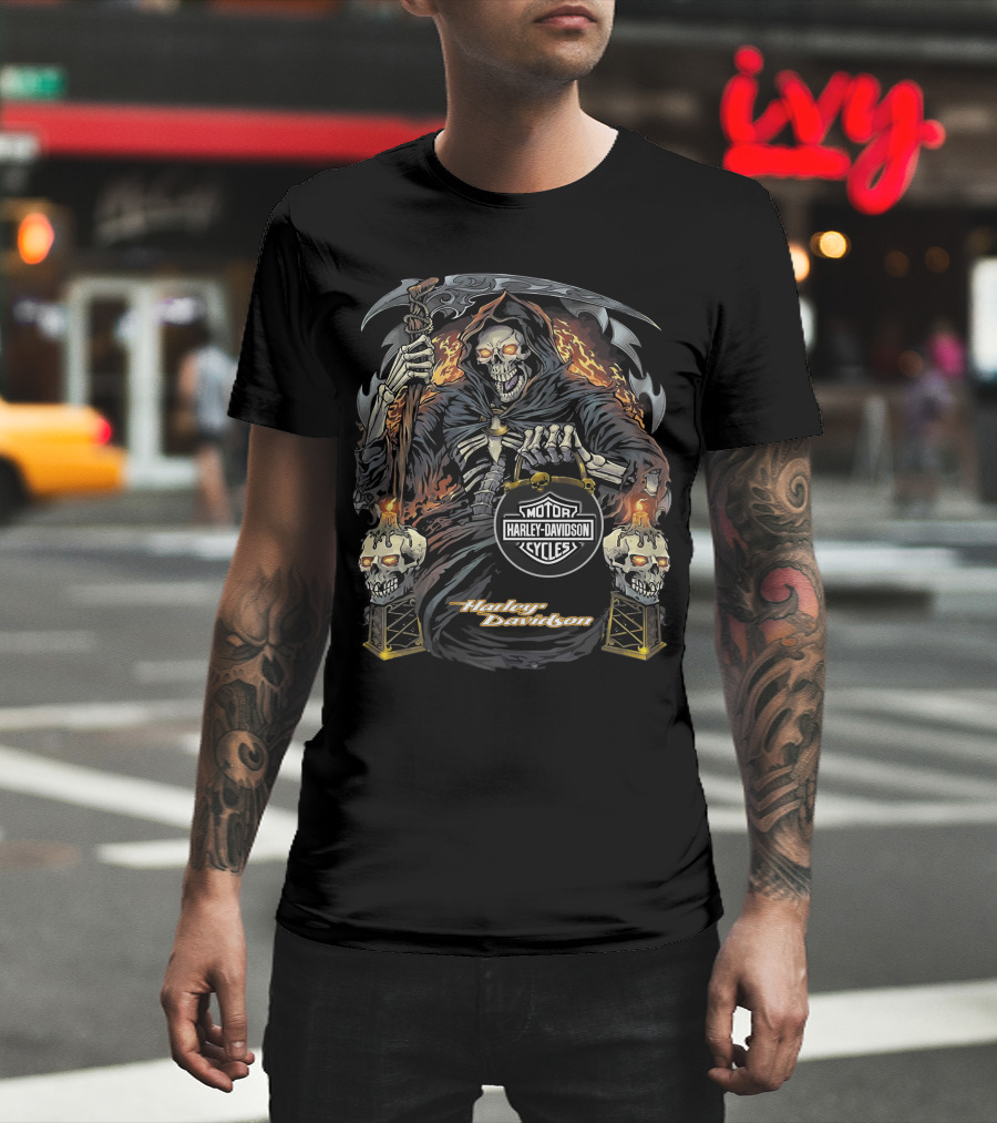 Harley Davidson Grim Reaper With Flaming Skull Torches T-Shirt