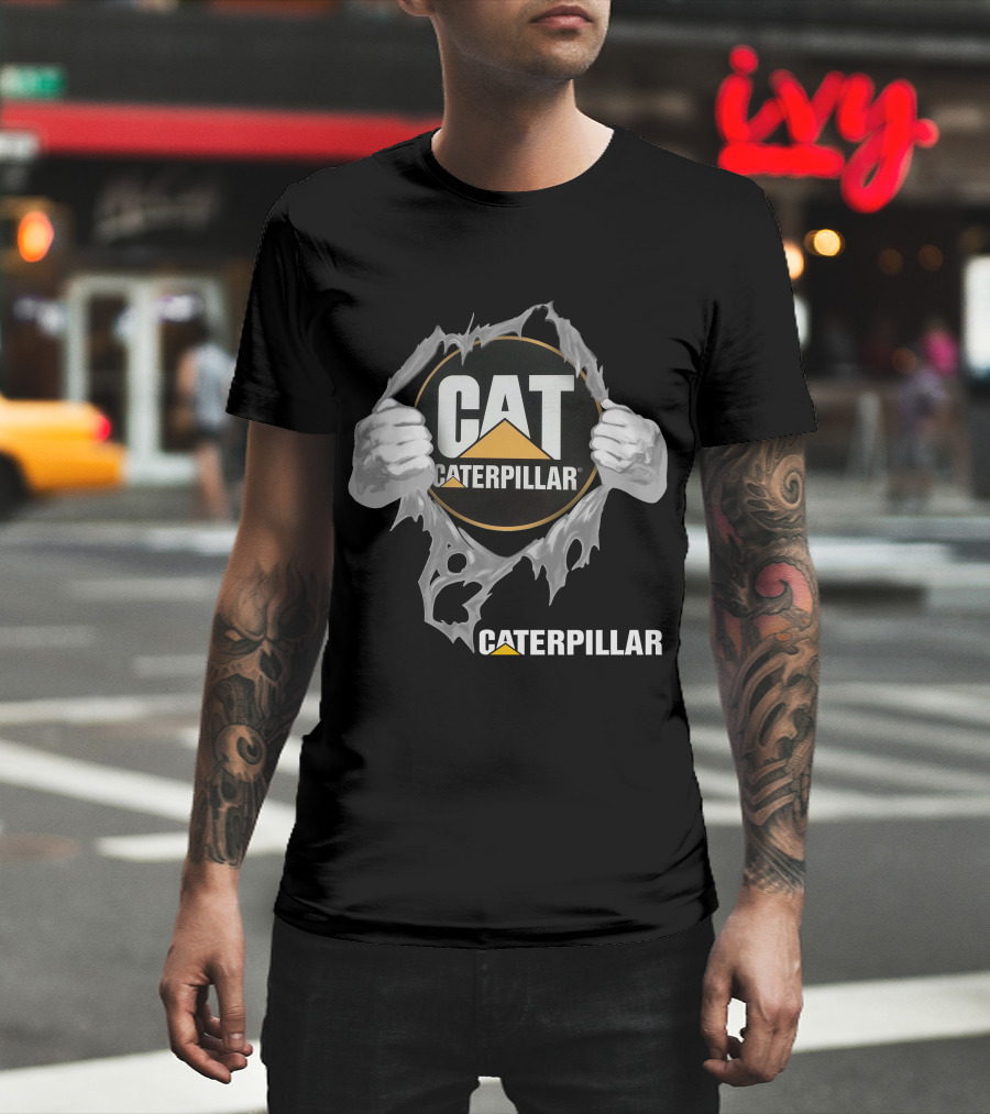 Cat Caterpillar Logo With Ripped Effect T-Shirt