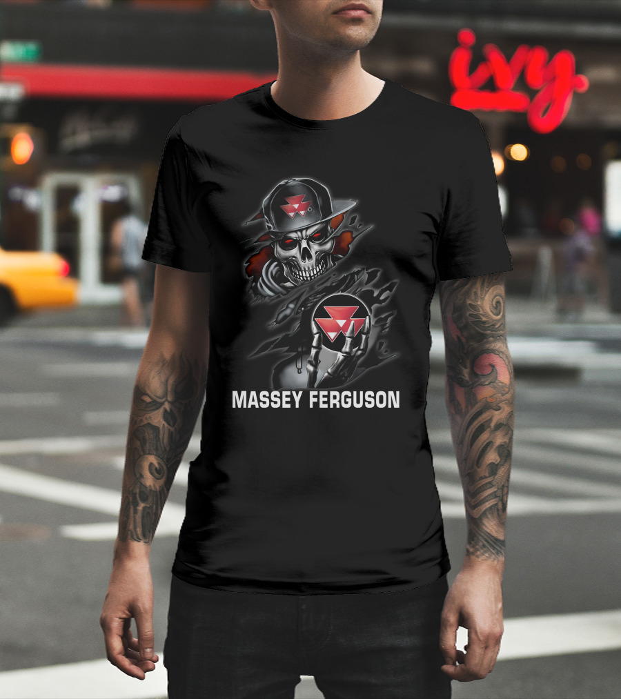 Massey Ferguson Skull Emblem Red Triangle Motif T-Shirt