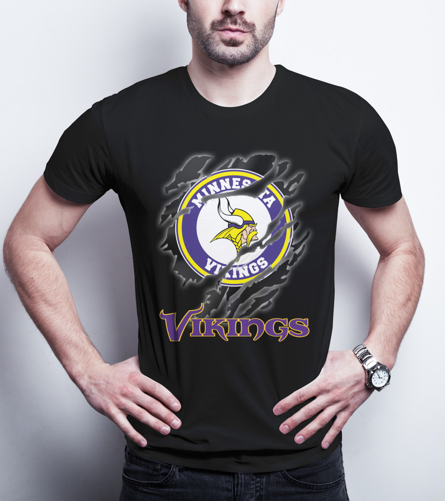 Minnesota Vikings Ripped Logo Design Featuring Iconic Viking Helmet And Horns T-Shirt
