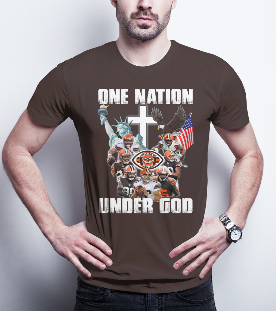 Cleveland Browns One Nation Under God Players Statue Of Liberty Eagle Flag Cross T-Shirt