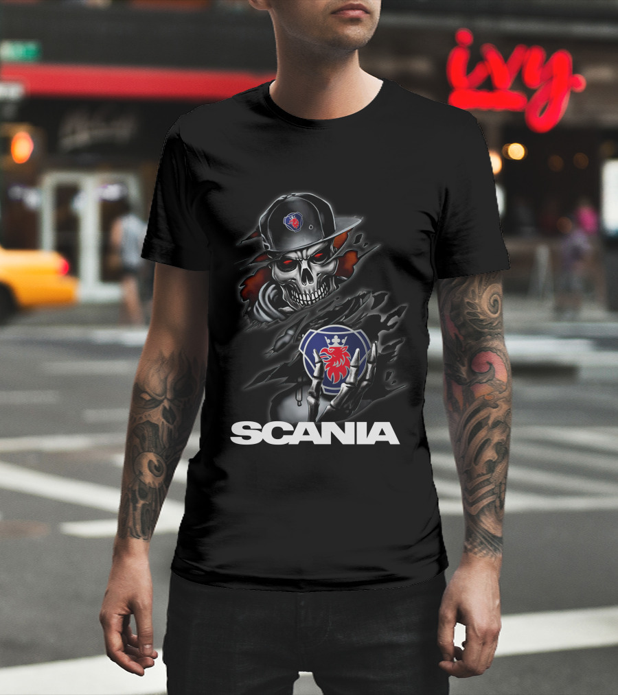 Scania Skull Emblem With Cap And Red-Eyed Skeleton T-Shirt