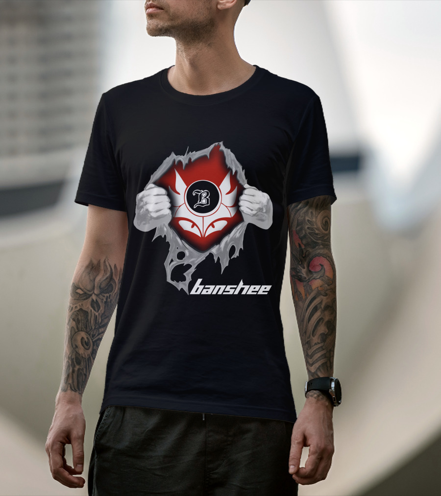 Banshee Ripped Logo With Winged Emblem And Bold Letter B On Dark T-Shirt