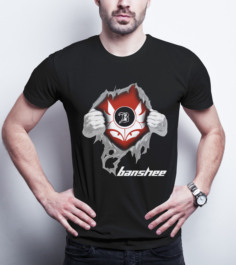 Banshee Ripped Logo With Winged Emblem And Bold Letter B On Dark T-Shirt