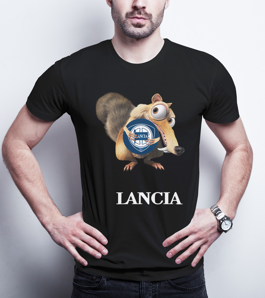 Lancia Logo With Scrat Character Holding T-Shirt