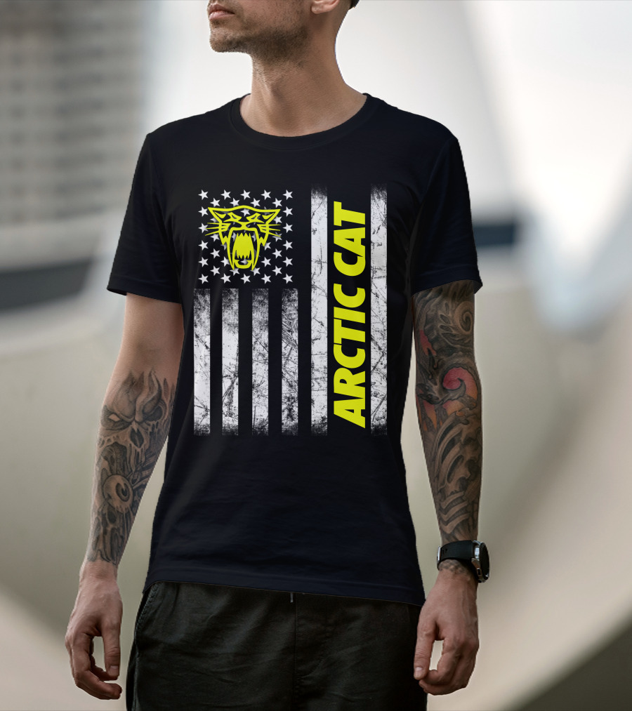 Arctic Cat Yellow Logo With American Flag Stripes And Stars T-Shirt