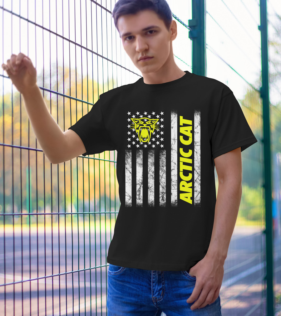 Arctic Cat Yellow Logo With American Flag Stripes And Stars T-Shirt