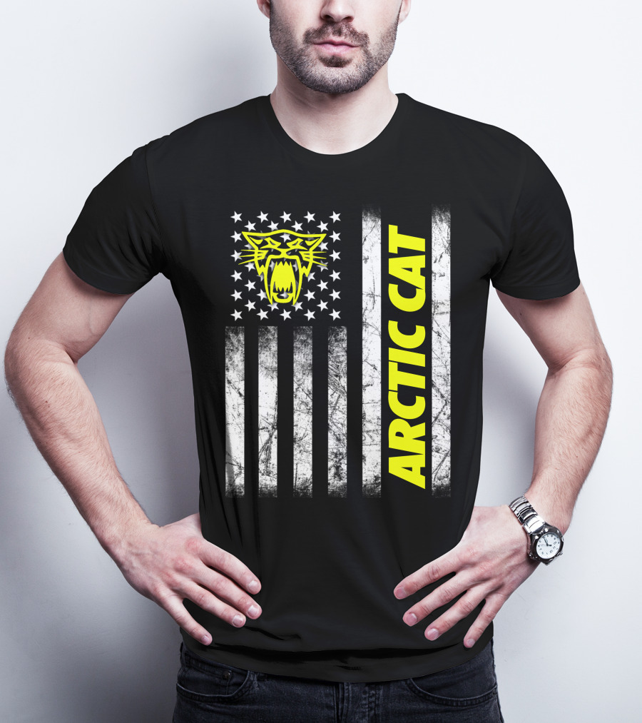 Arctic Cat Yellow Logo With American Flag Stripes And Stars T-Shirt