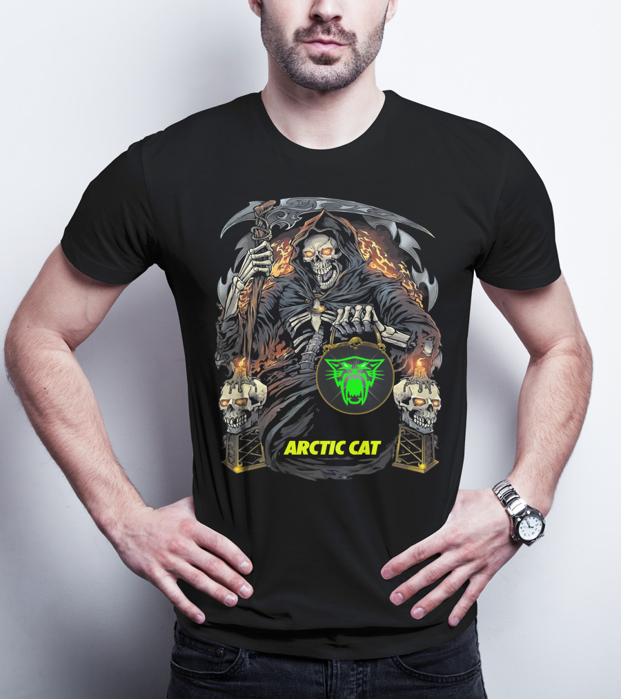 Arctic Cat Grim Reaper Skeleton Holding Scythe And Neon Green Cat T-Shirt