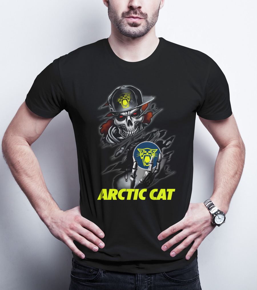Arctic Cat Skull Skeleton With Hat Holding T-Shirt