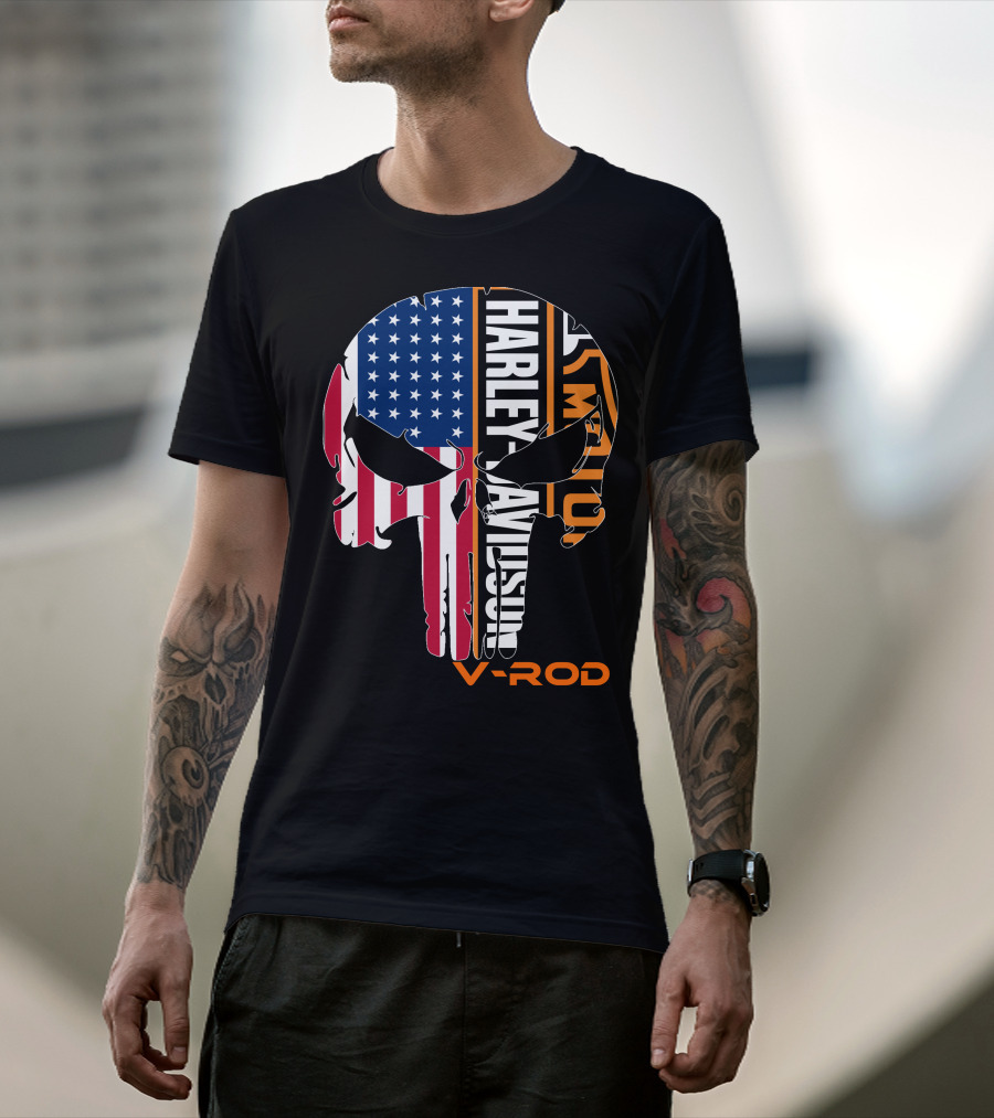 V-Rod Harley Davidson American Flag Skull T-Shirt