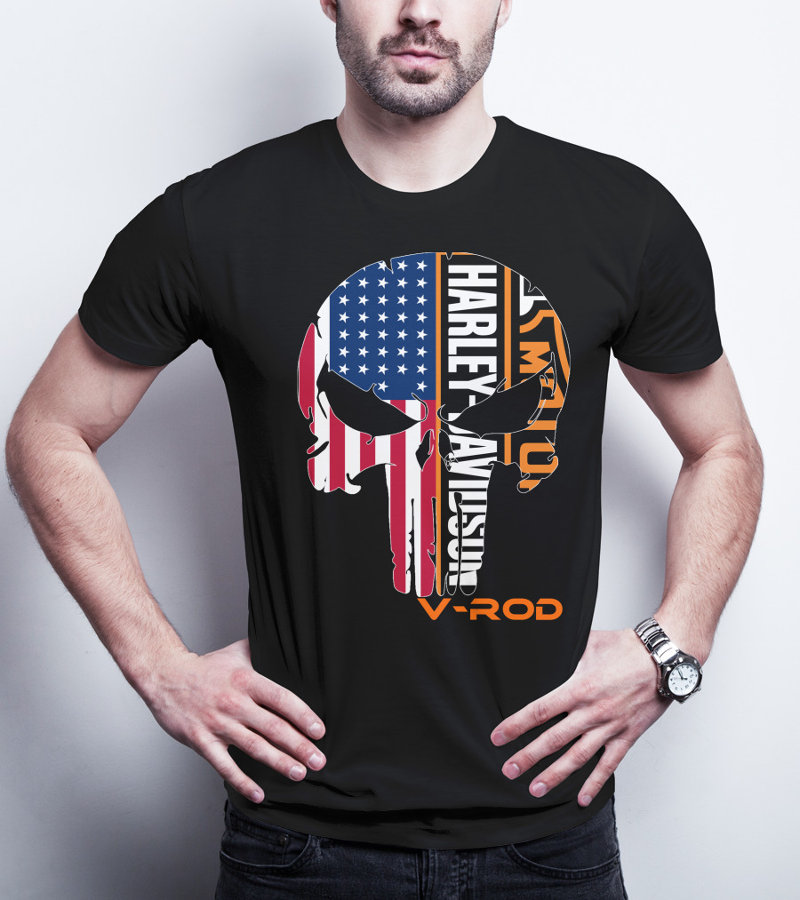 V-Rod Harley Davidson American Flag Skull T-Shirt