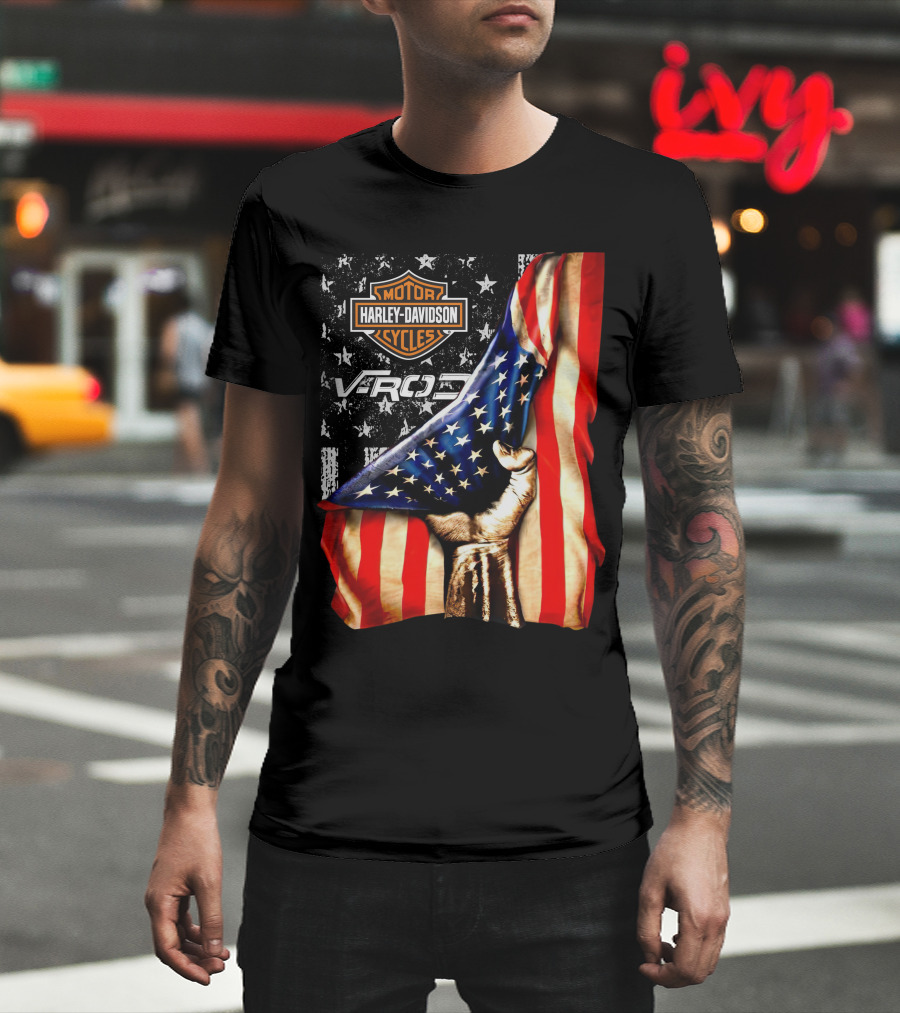 Harley Davidson Motor Cycles Vrod 12 American Flag Fist T-Shirt