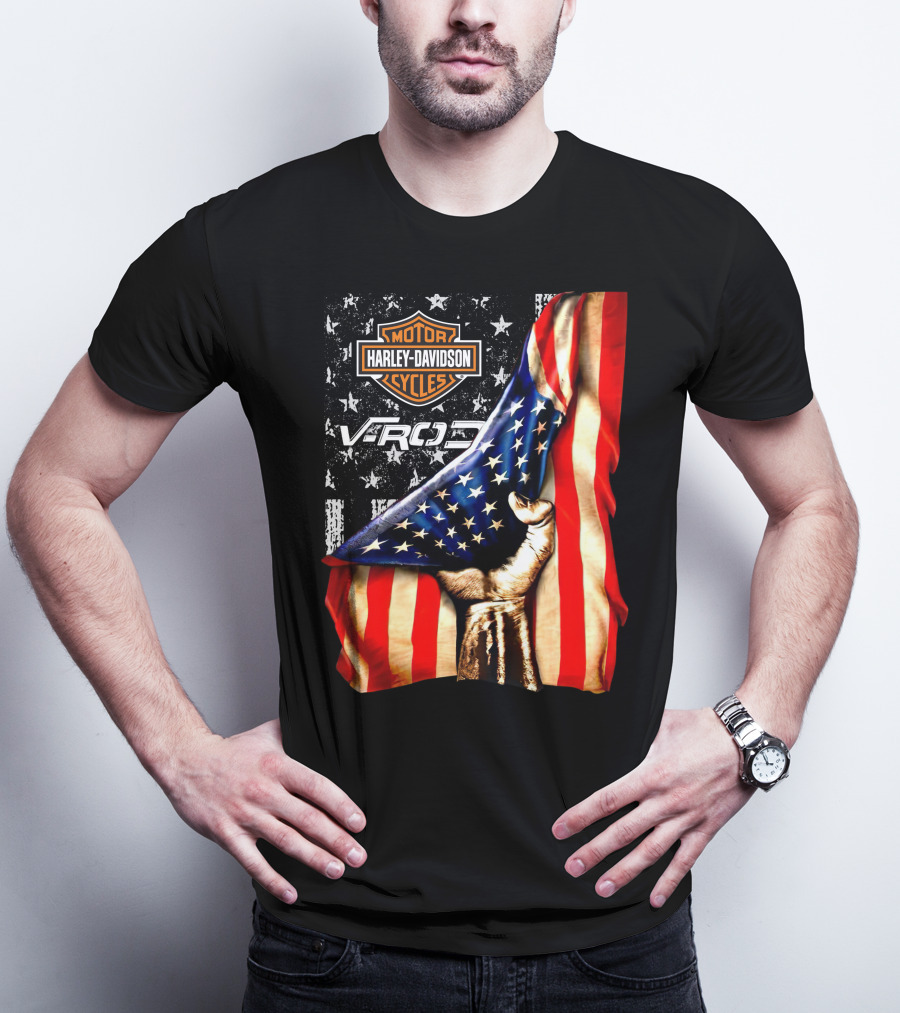 Harley Davidson Motor Cycles Vrod 12 American Flag Fist T-Shirt