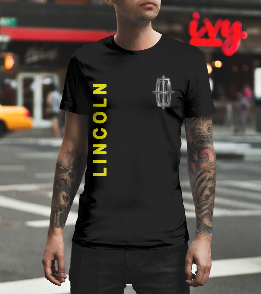 Lincoln Logo Vertical Yellow Text Black T-Shirt