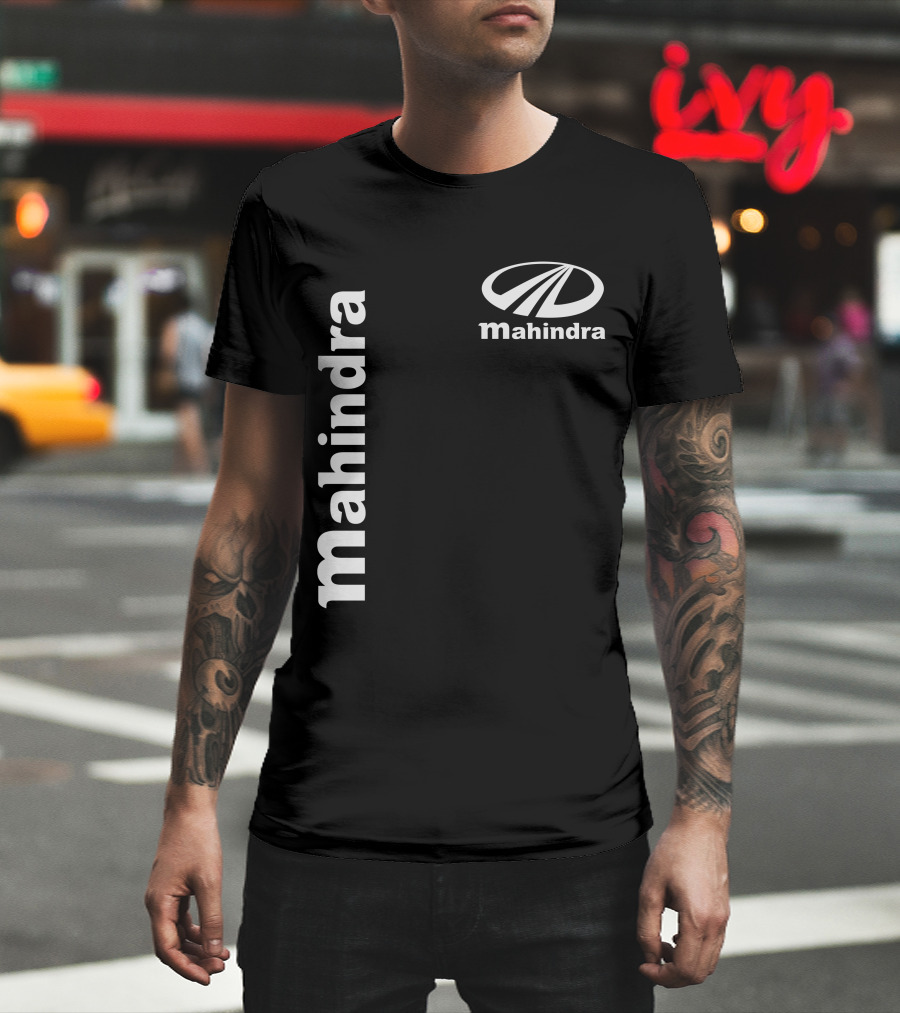 Mahindra Vertical Text With Iconic Logo Bold T-Shirt
