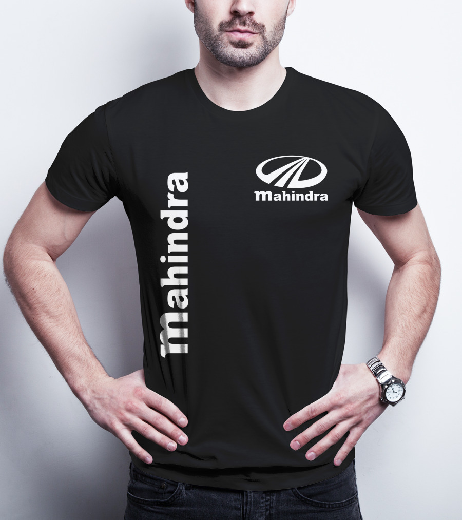Mahindra Vertical Text With Iconic Logo Bold T-Shirt