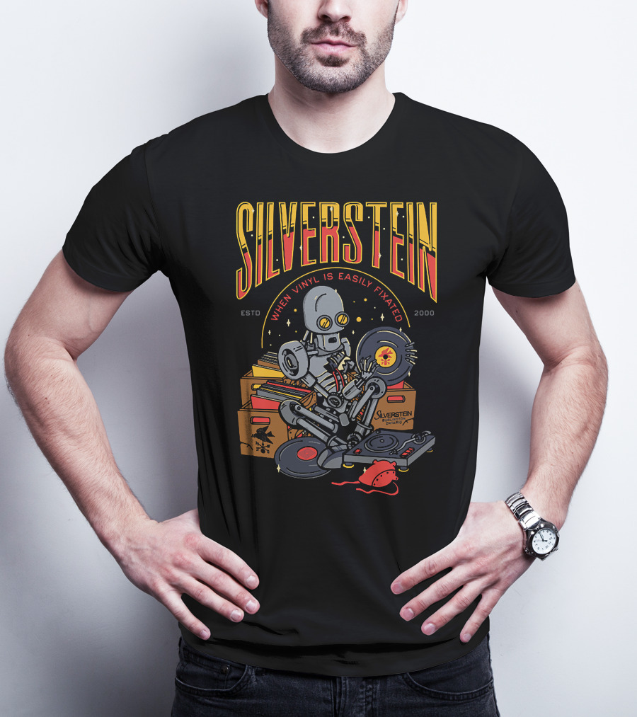 SILVERSTEIN WHEN VINYL IS EASILY FIXATED ESTD 2000 ROBOT WITH RECORDS T-Shirt
