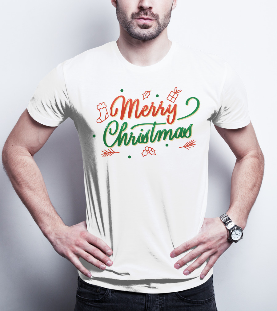 Merry Christmas Stocking Holly Leaves And Gift Icons T-Shirt