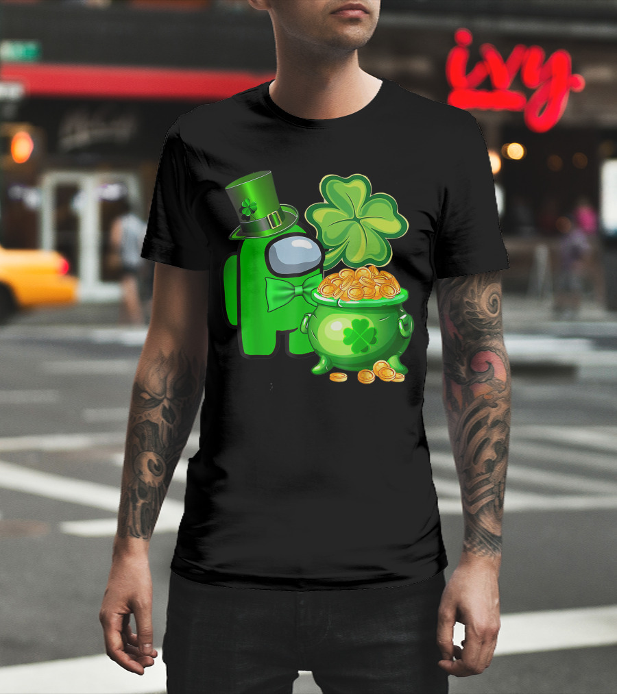 Among Us Green Character With Shamrock Hat And Pot Of Gold St Patrick's Day T-Shirt