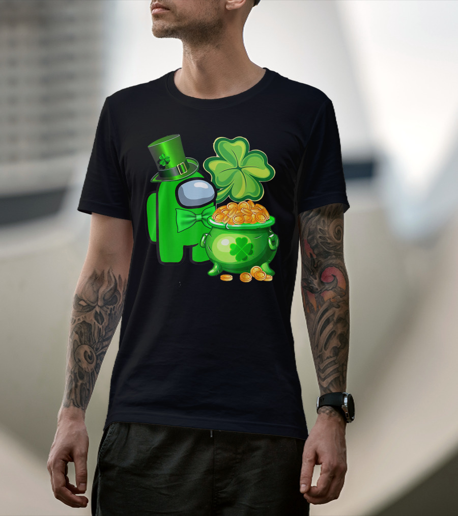 Among Us Green Character With Shamrock Hat And Pot Of Gold St Patrick's Day T-Shirt