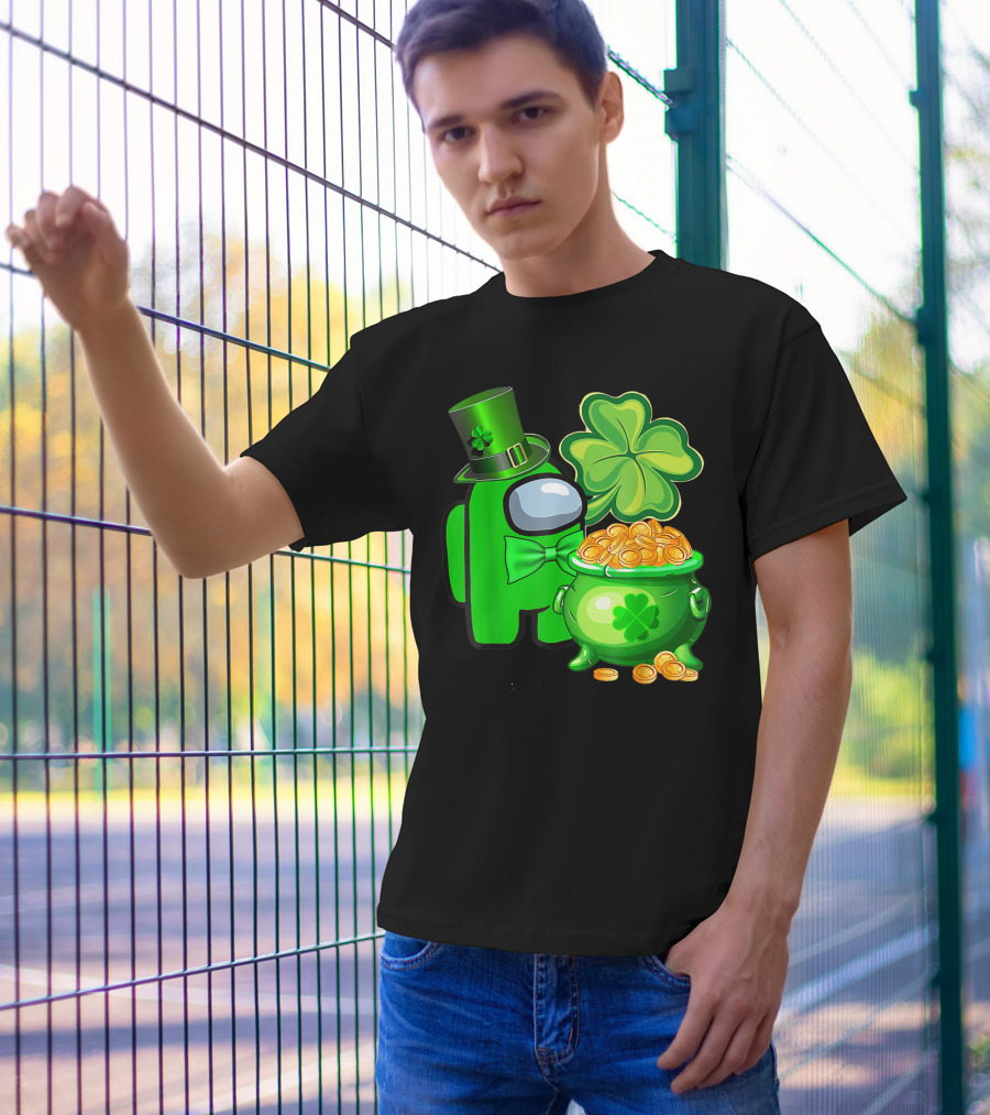Among Us Green Character With Shamrock Hat And Pot Of Gold St Patrick's Day T-Shirt