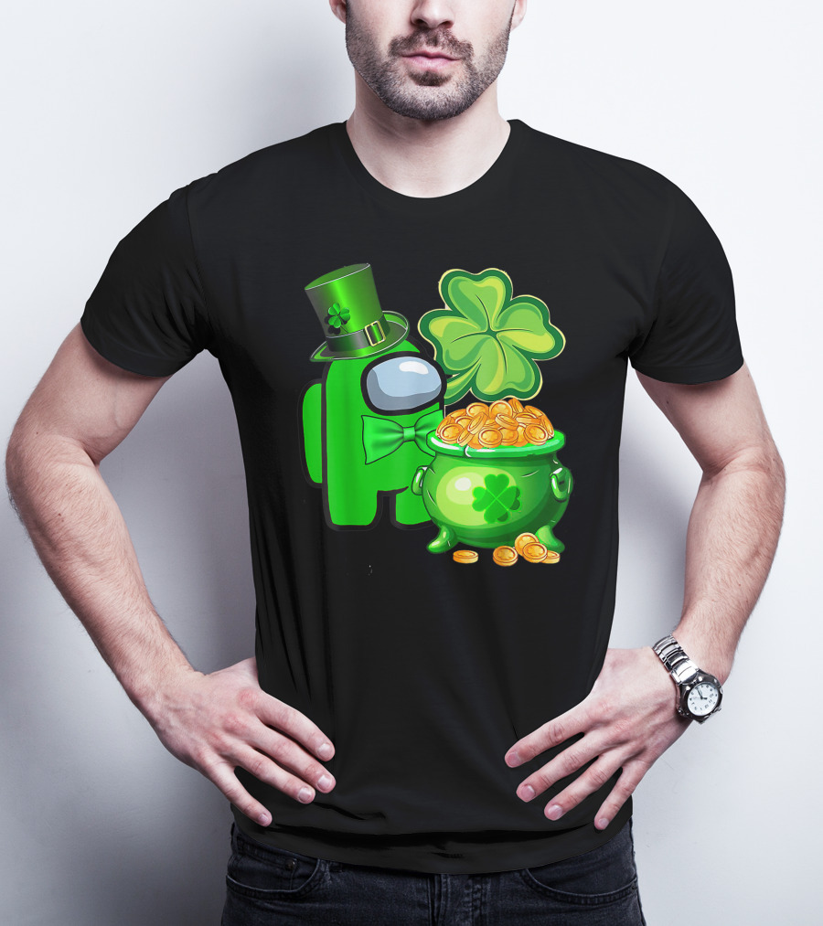 Among Us Green Character With Shamrock Hat And Pot Of Gold St Patrick's Day T-Shirt