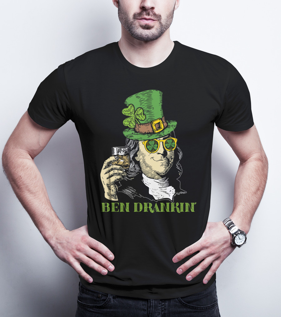 Ben Drankin Green Shamrock Hat Sunglasses Whiskey Glass T-Shirt