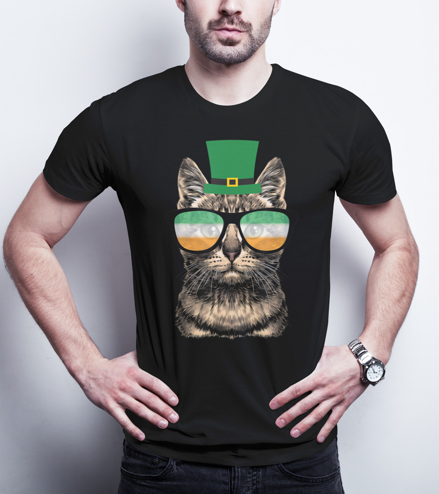 St Patrick's Day Cat Kitty Wearing Irish Green Hat And Glasses T-Shirt