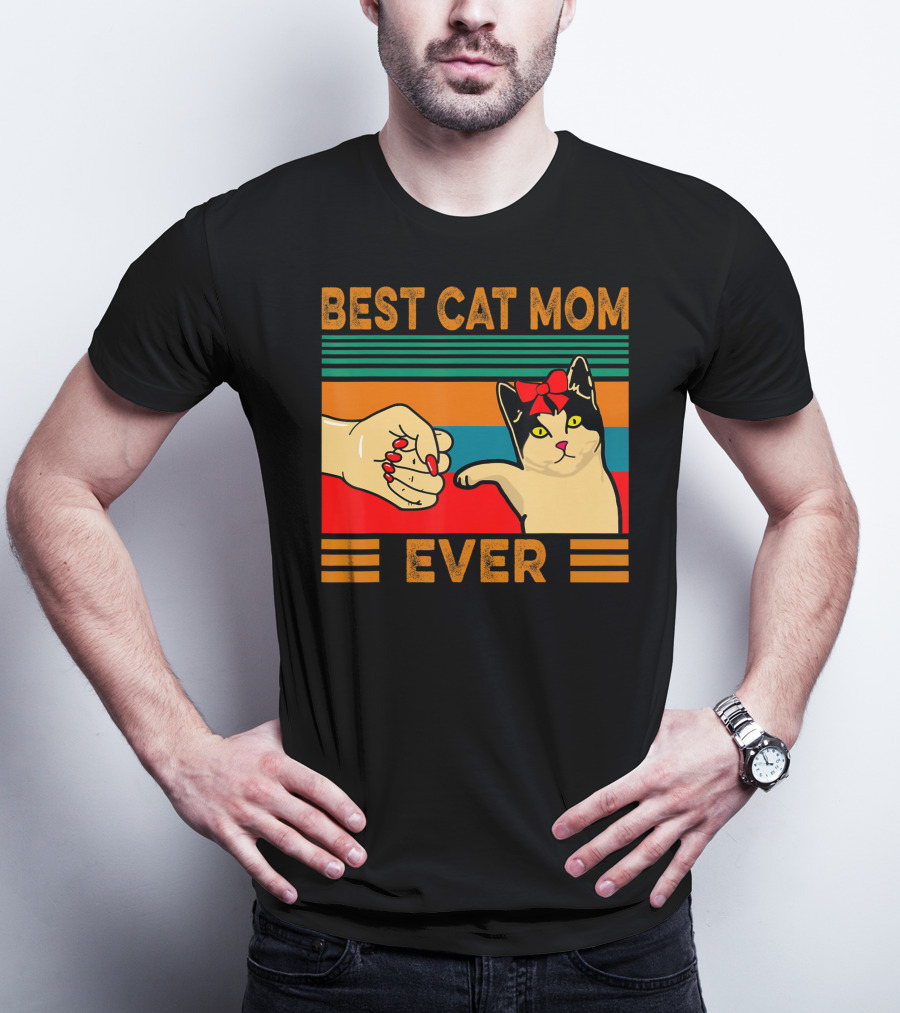 Best Cat Mom Ever Vintage Retro Cat Fist Bump T-Shirt