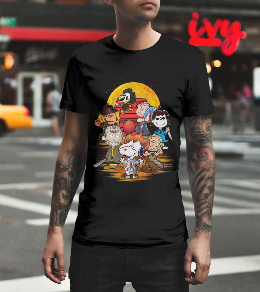 Horrorsnop Killer Cartoon Mashup Halloween Group With Mask And Knife T-Shirt