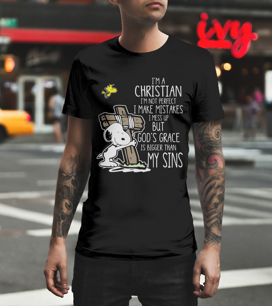 I'm A Christian God's Grace Bigger Than My Sins Snoopy Hugging Cross T-Shirt