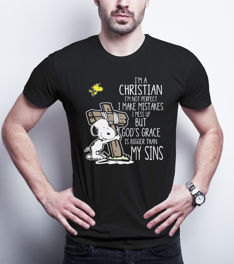 I'm A Christian God's Grace Bigger Than My Sins Snoopy Hugging Cross T-Shirt