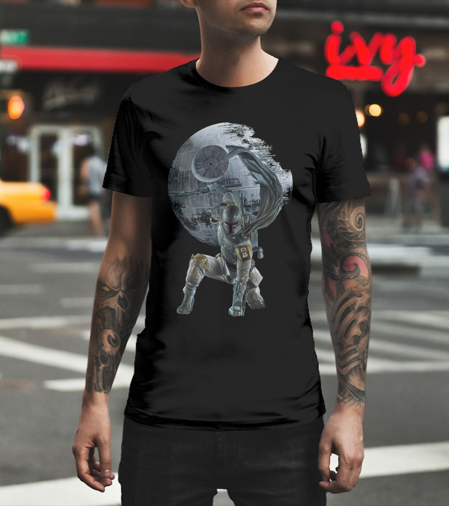 Boba Fett Striking Pose With Death Star Backdrop T-Shirt
