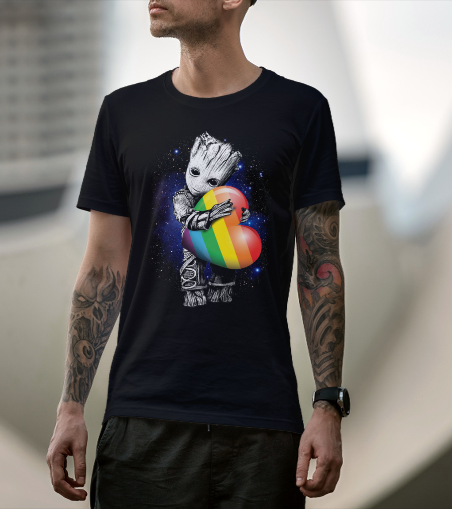 Only Today Groot Hugging Rainbow Heart In Galactic Space Theme T-Shirt