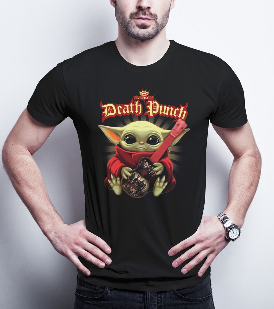 Five Finger Death Punch Baby Yoda Holding Red Guitar T-Shirt