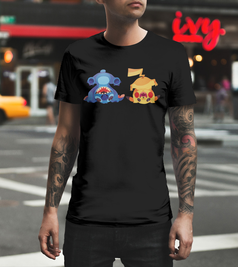Upside Down Stitch And Pikachu Art T-Shirt