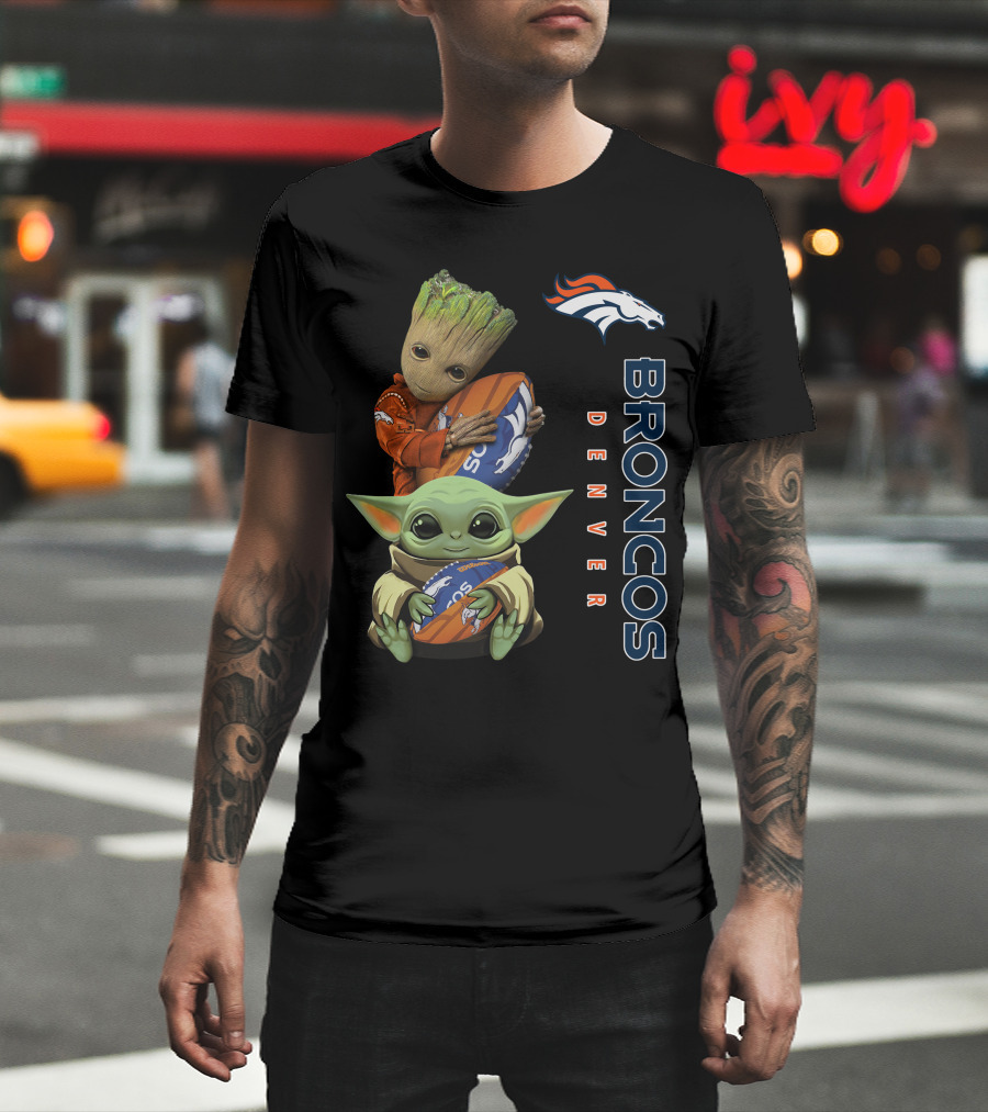 Denver Broncos Baby Yoda And Groot Holding Footballs T-Shirt