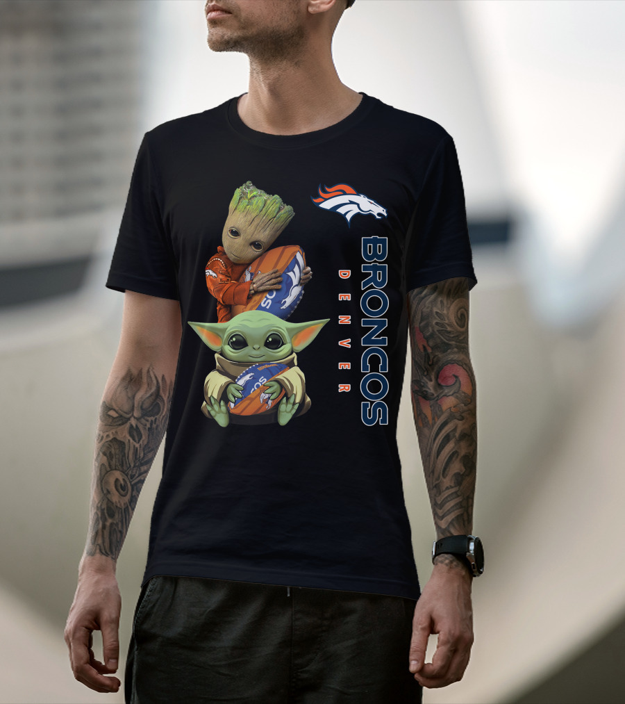 Denver Broncos Baby Yoda And Groot Holding Footballs T-Shirt