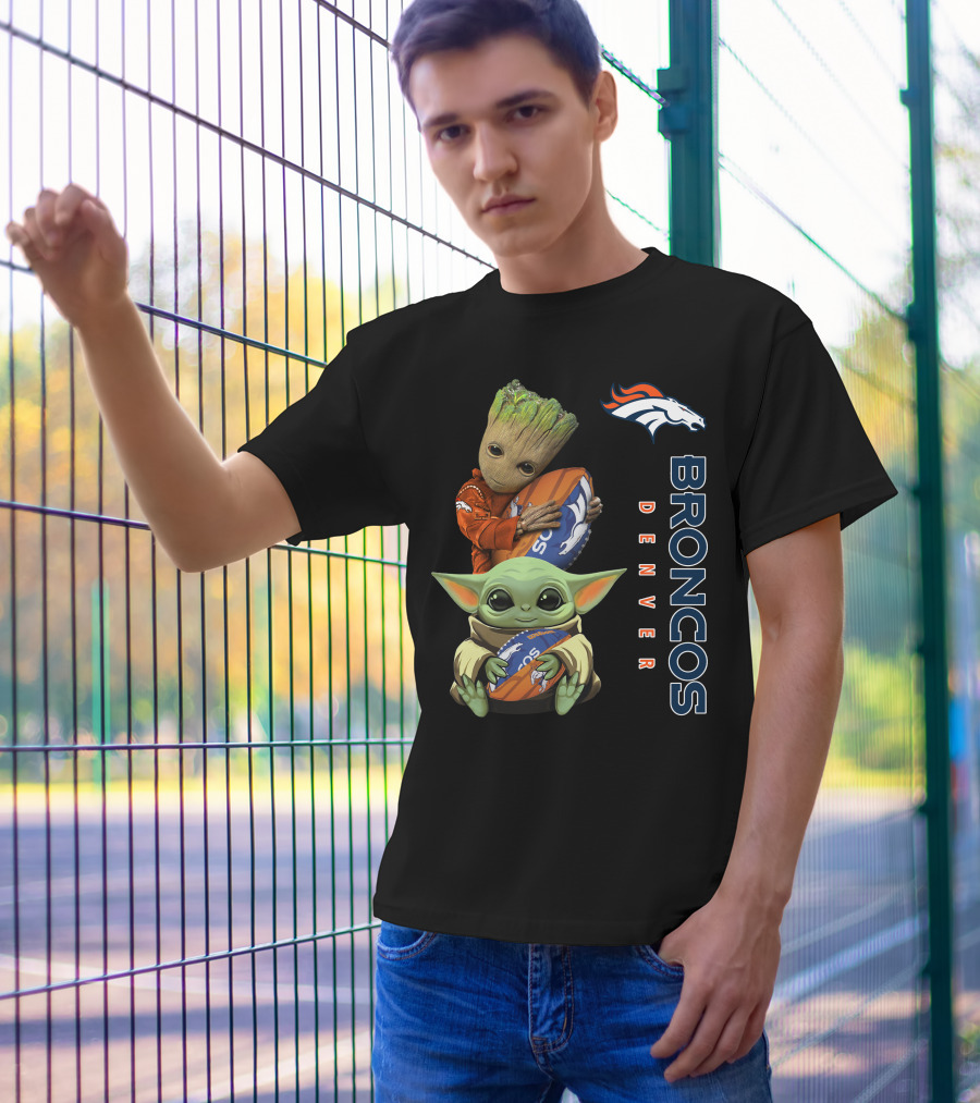 Denver Broncos Baby Yoda And Groot Holding Footballs T-Shirt