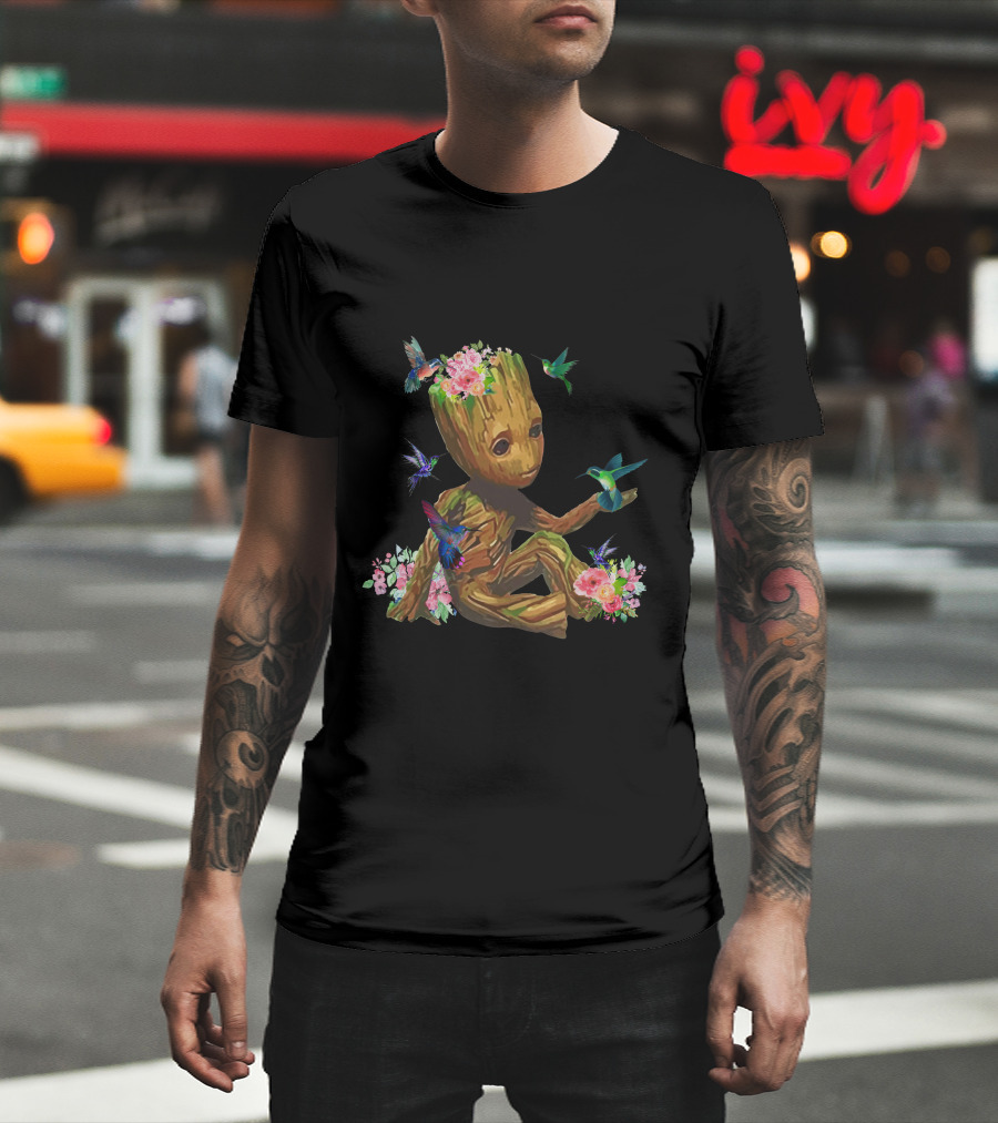 Baby Groot With Flowers And Hummingbirds T-Shirt